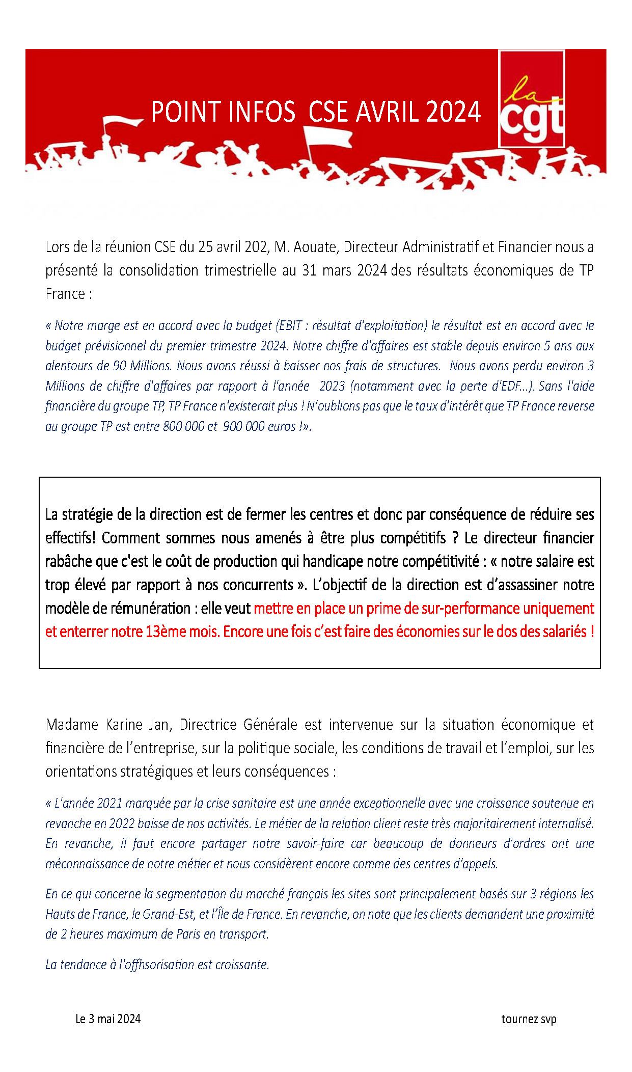 TELEPERFORMANCE : POINT INFOS CSE AVRIL 2024 - FSETUD